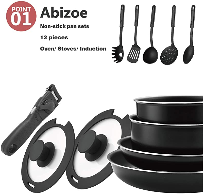 Pots & Pans Black 12 pieces Abizoe 12 Piece Non-Stick Cookware Set Non-Stick Pans and Pots with ...